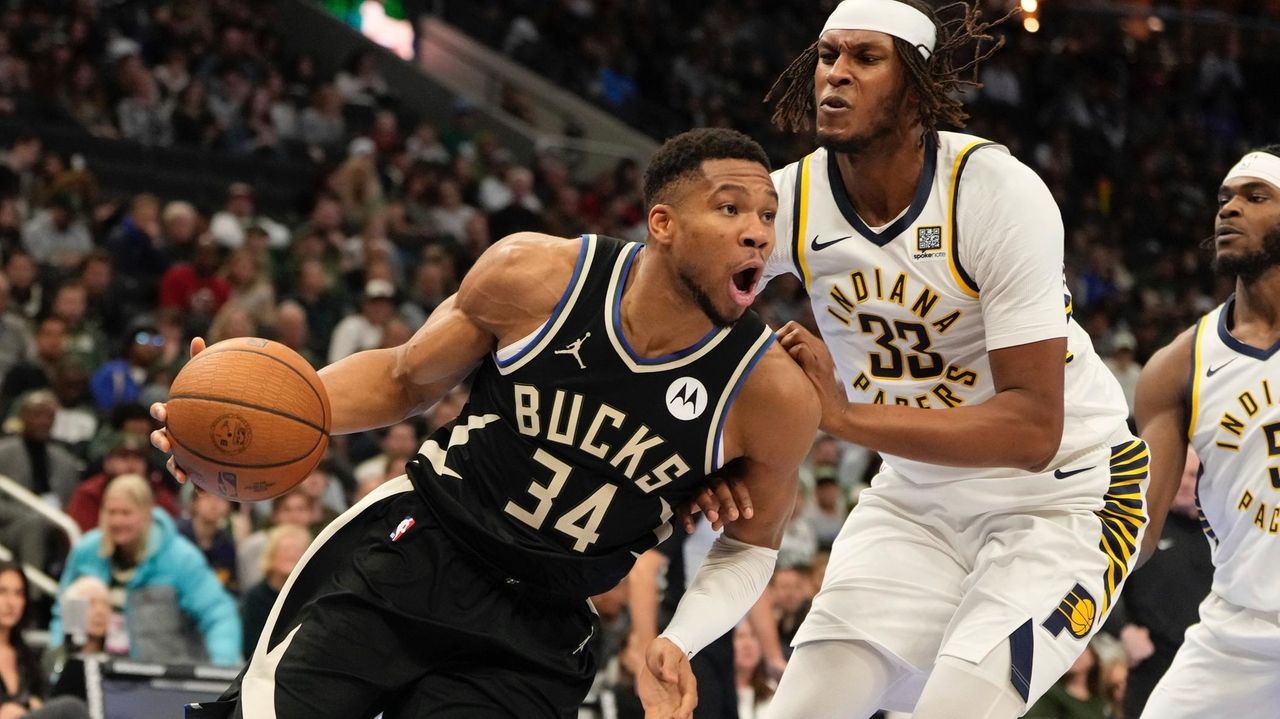 Antetokounmpo gets triple-double as surging Bucks beat slumping Pacers 129-117 in NBA Cup play ...