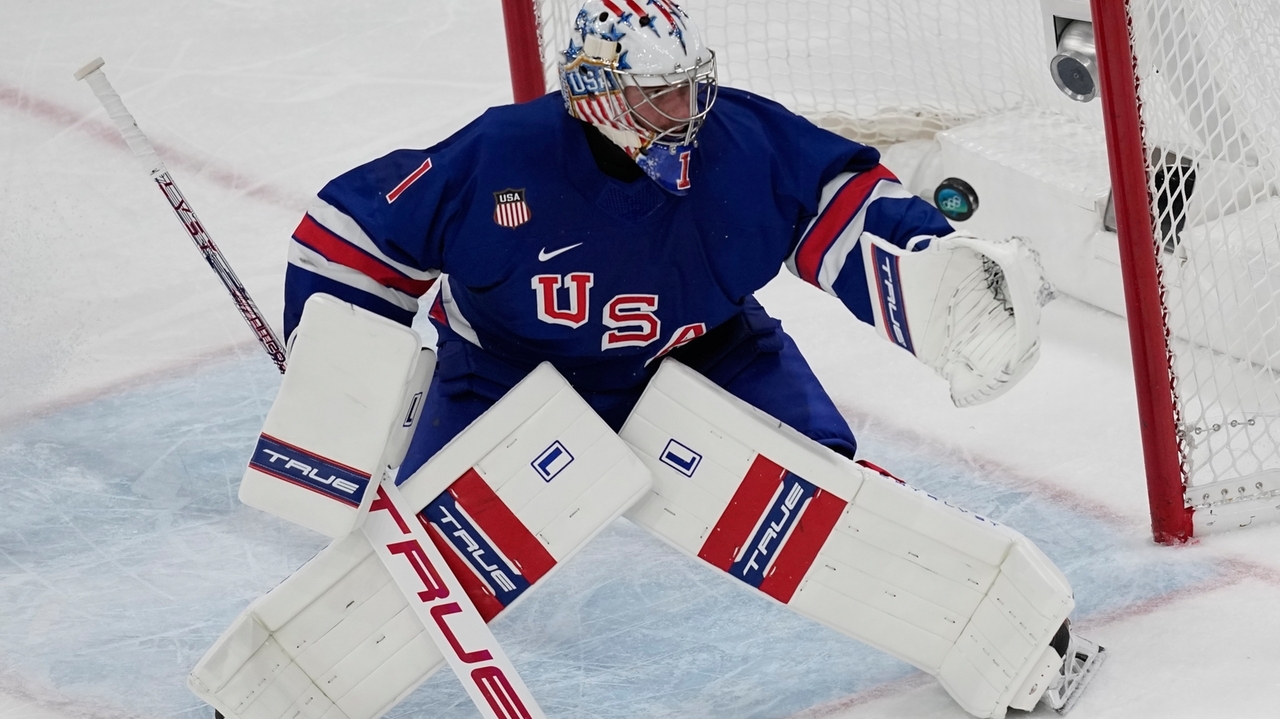 American Jeremy Swayman allows a long-distance goal against Denmark at ...